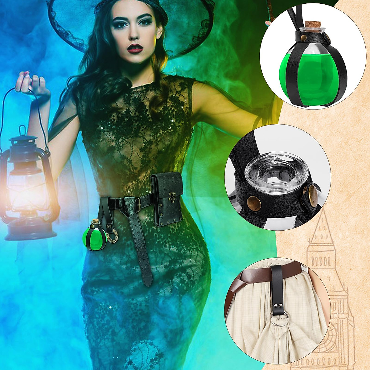 Magibag Renaissance Belt Pouch Waist Bag Pouch Skirt Hike Medieval Bag Ren Faire Costume Accessories for Halloween (Potion Bottle-Black)