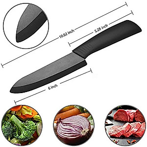 Ceramic Knife Set with Sheaths Black Set 5 Piece Kitchen Ceramic Knife 6" Chef Knife, 5" Utility Knife, 4" Fruit Knife, 3" Paring Knife, One Peeler