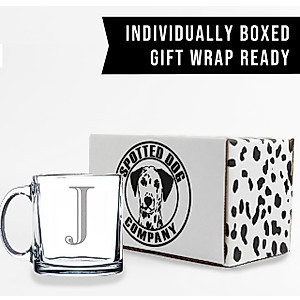 Spotted Dog Company Etched Monogram 12oz Clear Glass Coffee Mug (Letter J), A-Z Customized Coffee Gifts for Coffee Lovers, Custom Engraved Gifts for Women Her, Personalized Gift for Men, Initial