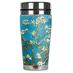 Mugzie "Van Gogh: Almond Blossoms" Stainless Steel Travel Mug with Insulated Wetsuit Cover, 20 oz, Black