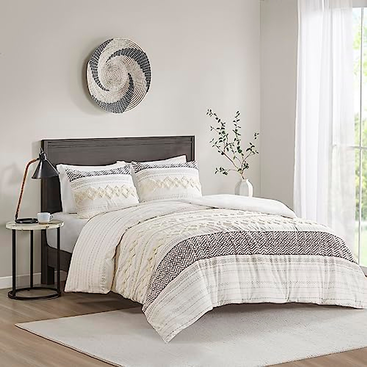 Hyde Lane Asha Boho Duvet Cover King, Farmhouse Ivory 100% Cotton Tufted Bedding Set with Zipper, Mid Century Modern Comforter Covers, 3 Pieces Including Matching Pillow Shams (104x90 Inches)