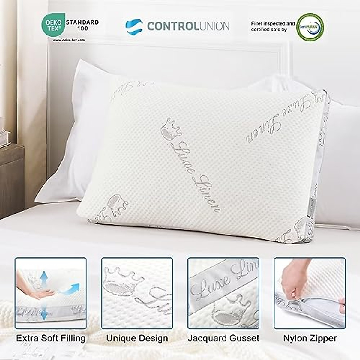 Luxe Linen Standard Pillows Set of 2, Shredded Memory Foam Pillows, Adjustable Bed Pillow for Sleeping, 18"x26"Organic Cotton Bed Pillows for Side, Back, Stomach Sleepers