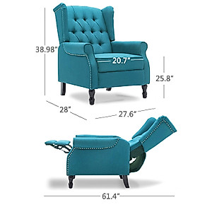Altrobene Pushback Recliner Chair, Modern Accent Arm Chair, Fabric Wingback Chair for Living Room Bedroom, Blue