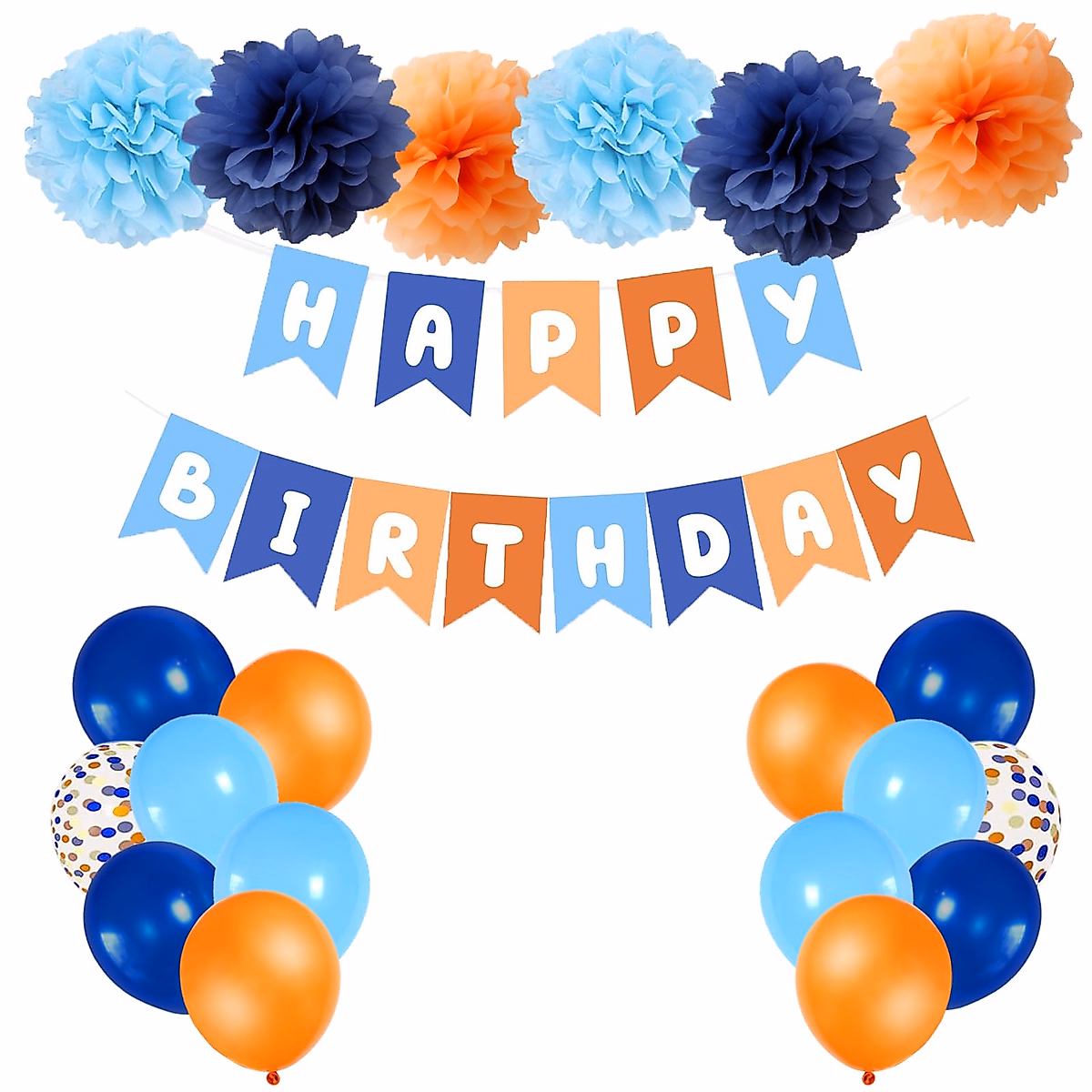 Rishafowg Blue and Orange Happy Birthday Party Decorations, Blue Themed Party Decorations with Banner Balloons and Pompoms Birthday Baby Shower Décor Supplies Kids Boys Girls