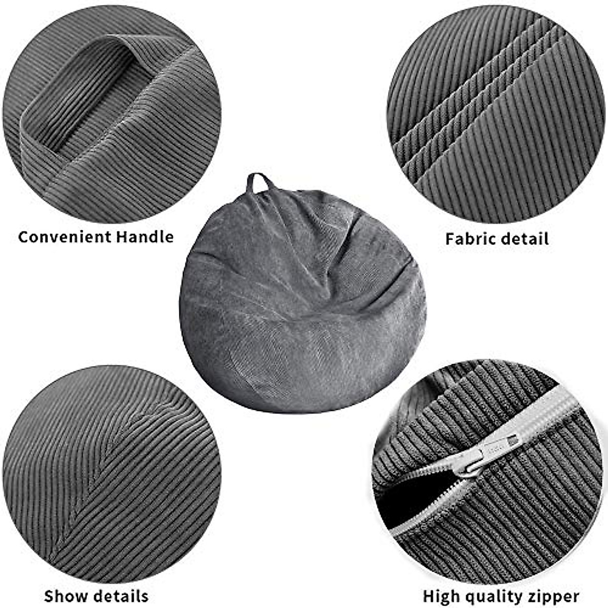 Bean Bag Chair Cover (No Filler) Washable Ultra Soft Corduroy Sturdy Zipper Beanbag Cover for Organizing Plush Toys or Textile, Sack Bean Bag for Kids, Adults, Teens