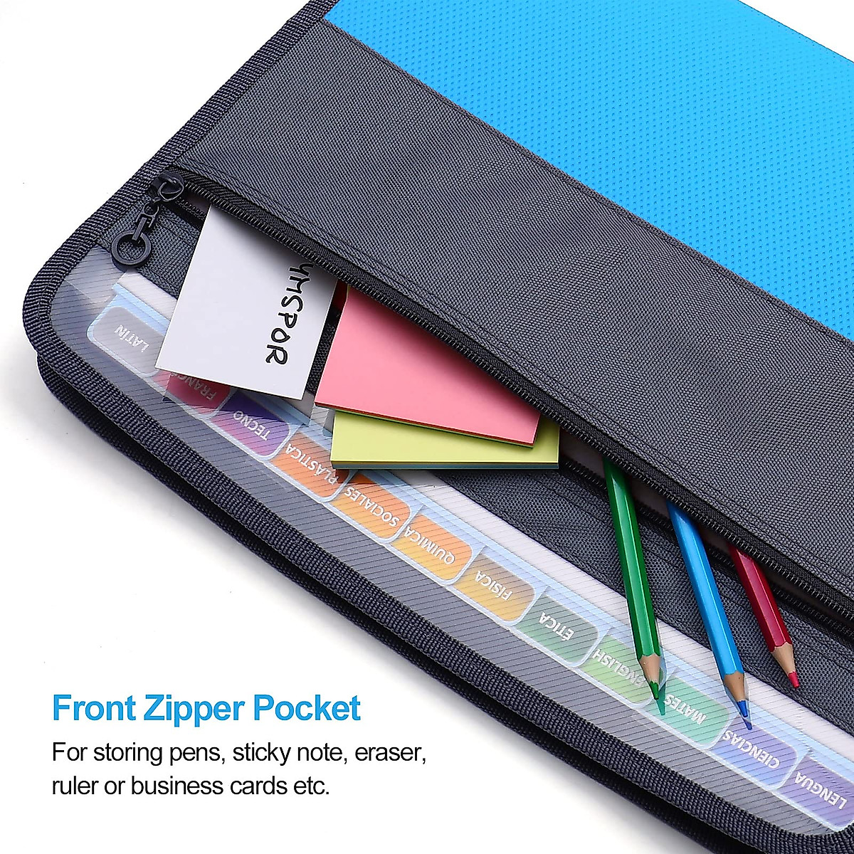 MEGREZ Expanding File Folder with 13 Pockets, A4 Paper File Folder with Zipper Color Labels, Waterproof Accordion File Folder Organizer for Home Office, Blue