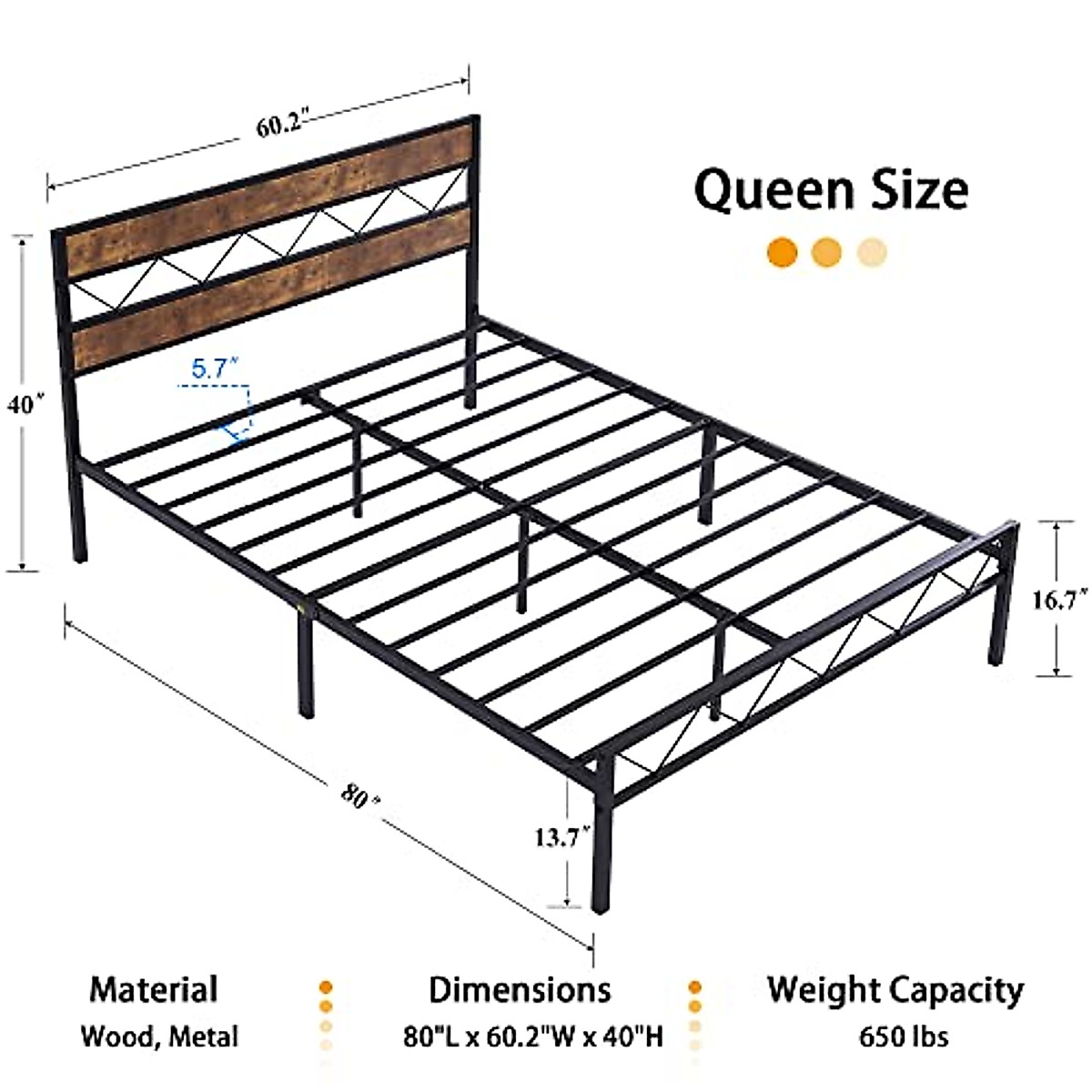 VECELO Queen Size Bed Frame with Wooden Headboard, Heavy Duty 14 Metal Slats Support, No Box Spring Needed, Platform Mattress Base, Under Bed Storage, Noise Free, Easy Assembly
