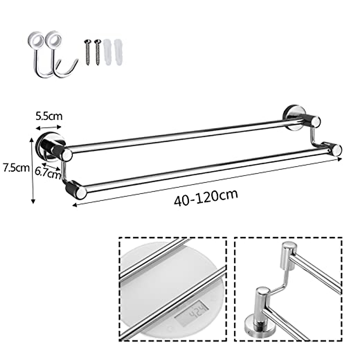 Bath Double Towel Rails Bathroom Towel Holder Bar Wall Mounted Stainless Steel Towel Rack Hanger with Hooks Dual Towel Rod Shelf in Kitchen (Size : 30cm)