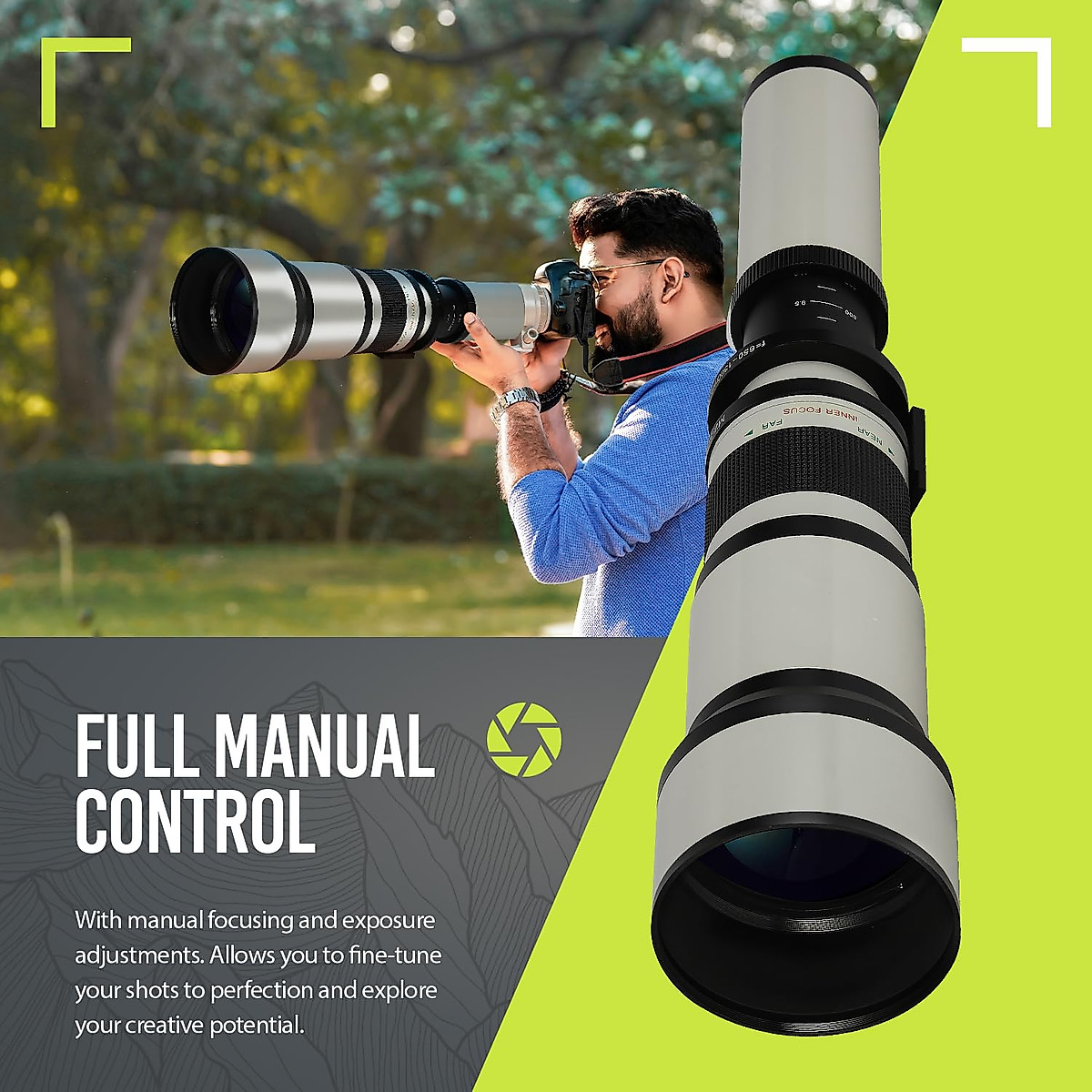 High-Power 650-2600mm f/8 Manual Telephoto Lens for Canon EOS 80D, 90D, Rebel T3i, T5, T6i, T7, T8i, SL3, 60D, 70D, 5D, 6D II, 7D II SLR Cameras - White