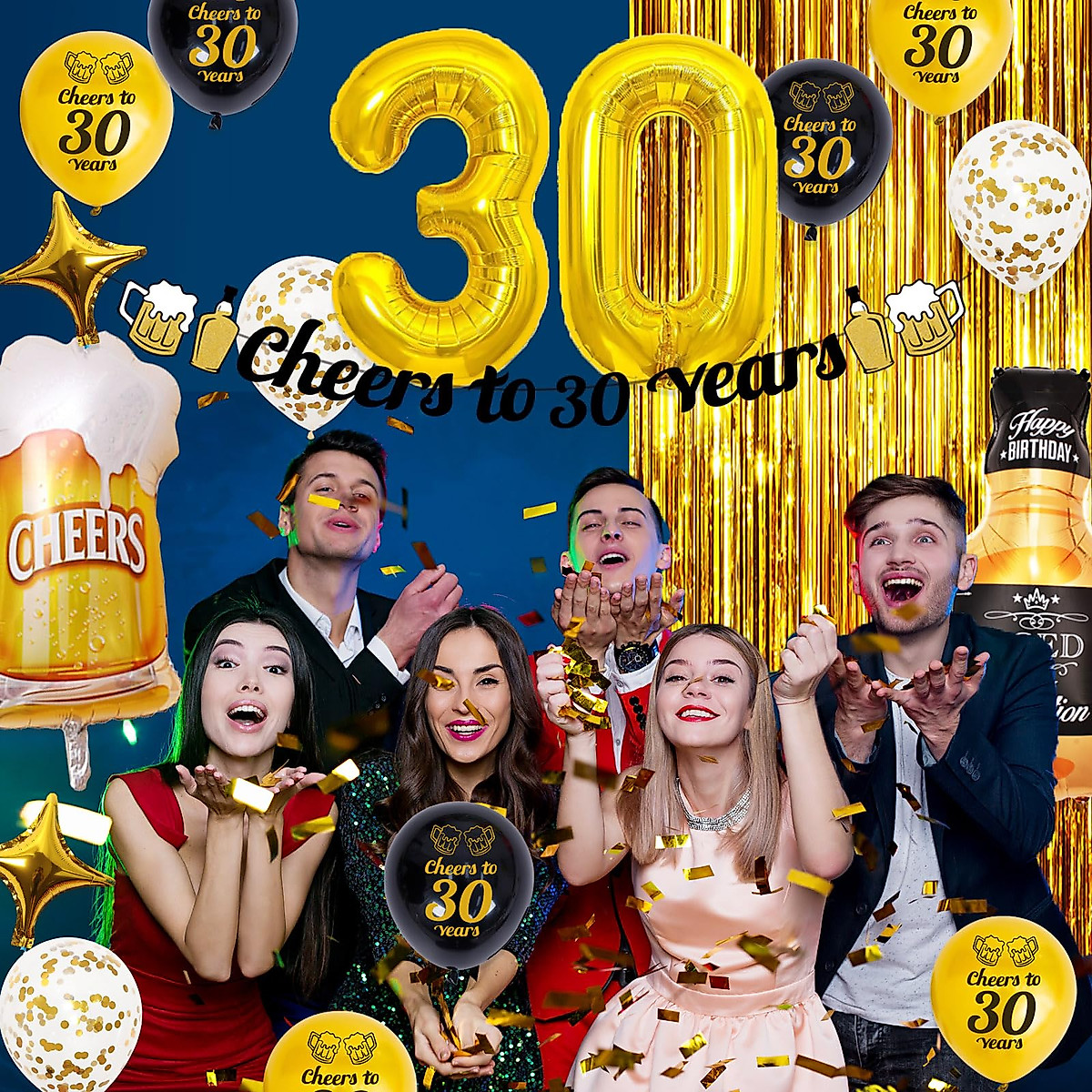 30th Birthday Decorations for Him,Black and Gold 30th Birthday Decorations with Banner Number 30 Balloons Curtains and Balloons