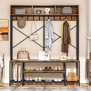 DWVO 5-in-1 Hall Tree with Shoes Storage, Large Coat Rack Shoe Storage Bench, 10 Hooks for Hallway Entryway Bench with Coat Rack, Hall Tree with Bench and Shoe Storage, Rustic Brown