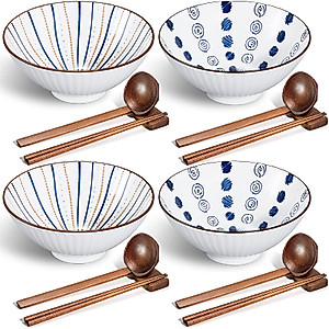 4 Sets Ceramic Japanese Ramen Bowls 40 Ounce Large Ceramic Noodle Serving Bowl with Spoons, Chopsticks and Chopstick Stands for Soup, Cereal, Rice, Udon, Asian Noodles, Blue and White (Stripe Style)