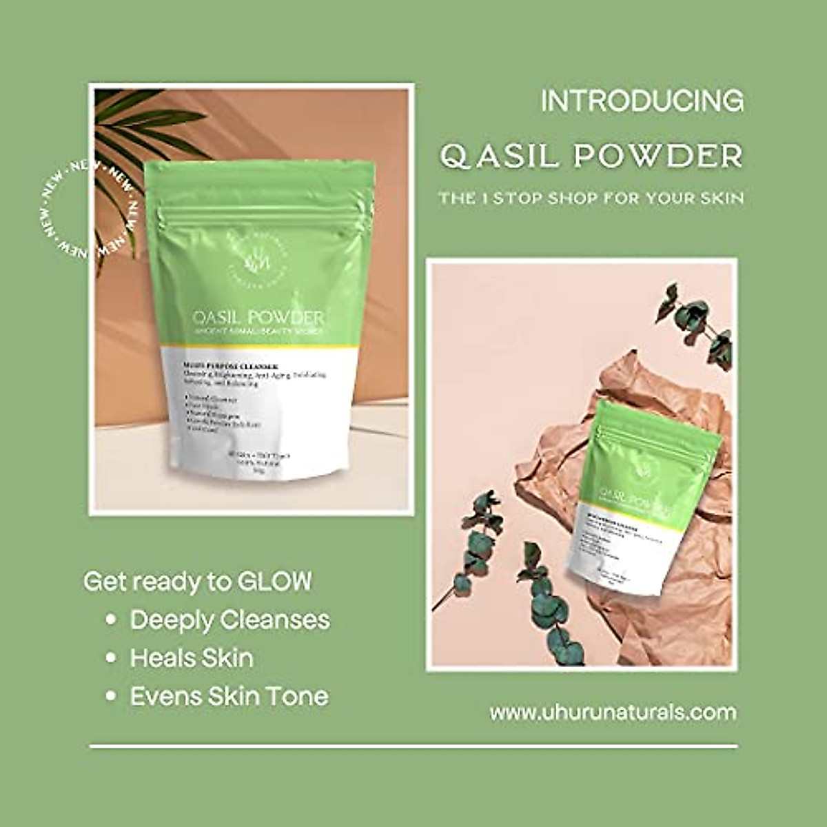 Uhuru Naturals Qasil Powder 20 Grams – Ancient Somali Beauty Secret, Gentle Deep Cleansing Facial Mask for Beautiful Glowing Skin. Reduces Dark Marks and Scars. Brightens. Detoxifies.