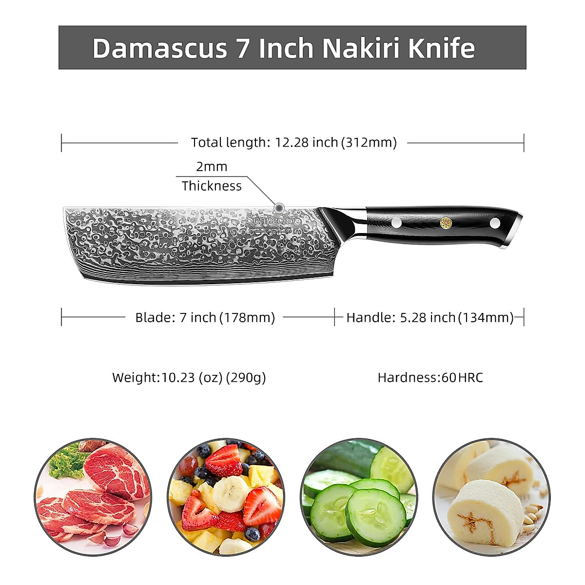 Sunnecko Damascus Kitchen Knife Japanese Nakiri Knife 7 Inch Cooking Knife Vg-10 High Carbon Stainless Steel with G10 Handle