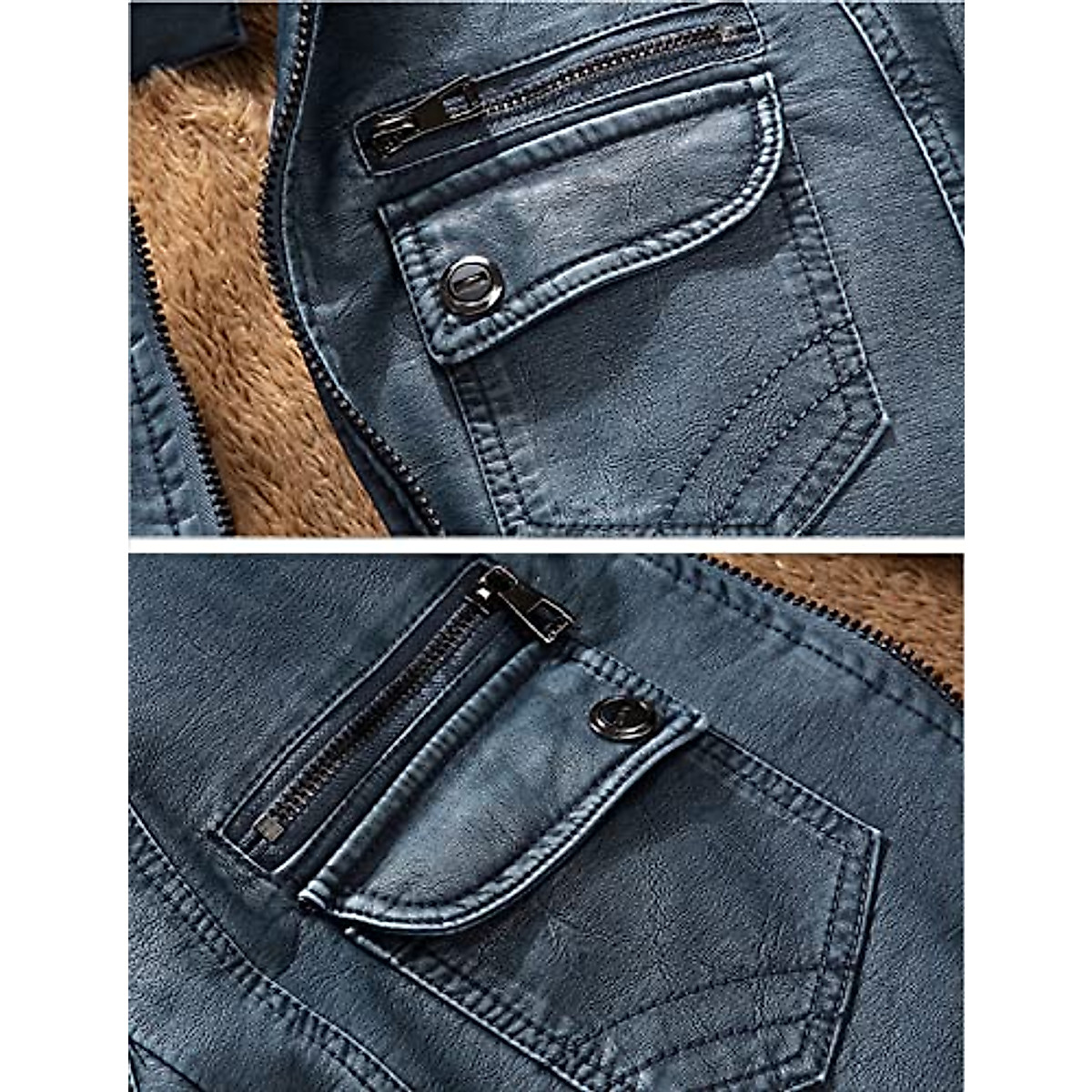 CHARTOU Men Retro PU Faux Leather Bomber Jacket Stand Collar Fleece Lined Motorcycle Jacket Zip Up (Medium,Blue)