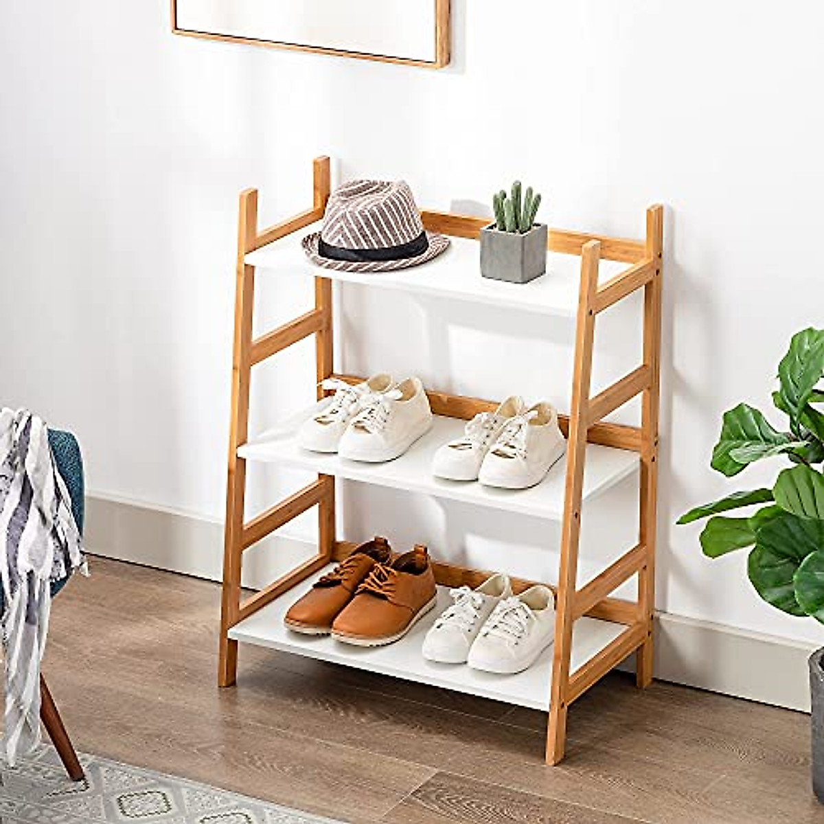 Forevich Ladder Shelf 3 Tier Bamboo Bookshelf Storage Rack Shelves Bookcase Plant Flower Stand for Living Room Bathroom Kitchen Ladder