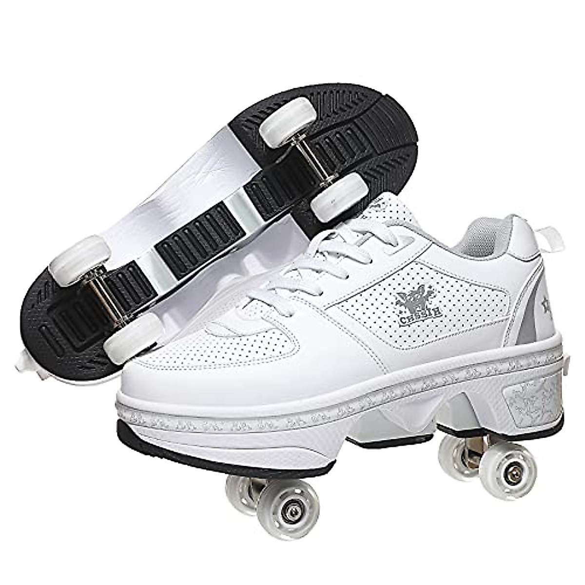 Roller Skates for Women Outdoor,Parkour Shoes with Wheels for Girls/Boys,Kick Rollers Shoes Retractable Adults/Kids,Quad Roller Skates Men,Unisex Skating Shoes Recreation Sneakers,Silver-6.5US