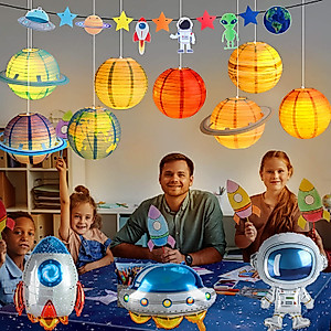 Sotiff 24 Pcs Space Party Decorations Includes Planet Paper Lanterns with LED lights Plastic Space Tablecloth Space Garland Astronaut UFO Rocket Balloon for Space Solar System Theme Parties Birthday