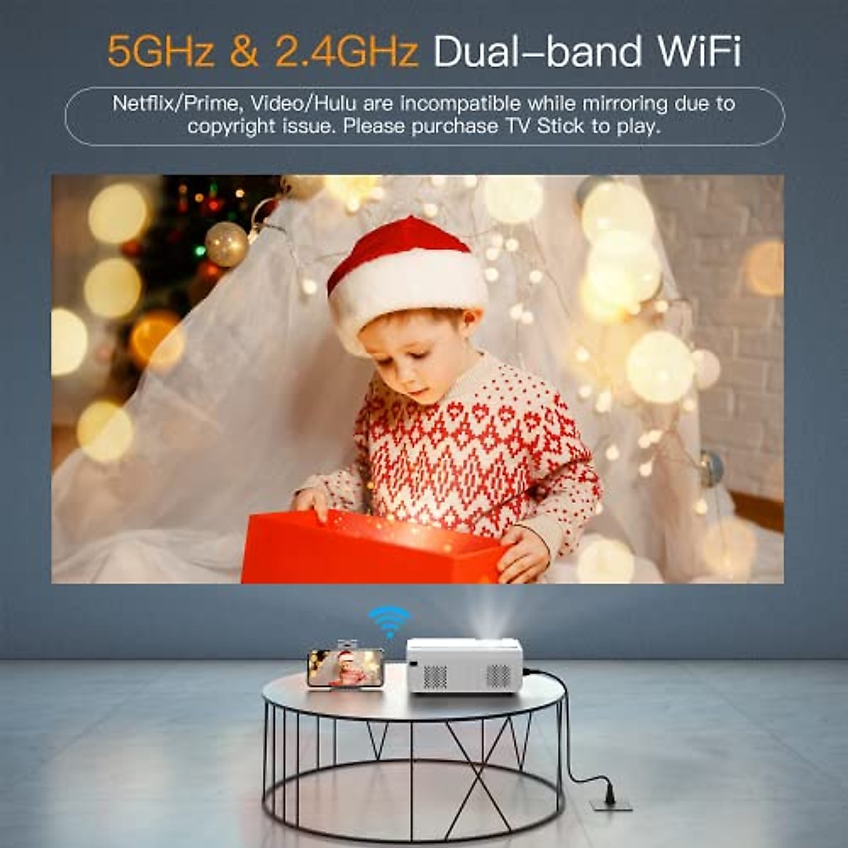 Projector with WiFi and Bluetooth, 2023 Upgraded VOPLLS 5G Native 1080P Projector, 380ANSI Outdoor Projector 4K Support, ±50°/4P/4D Keystone, 50% Zoom, Compatible with TV Box/USB/PC/iOS/Android Phone
