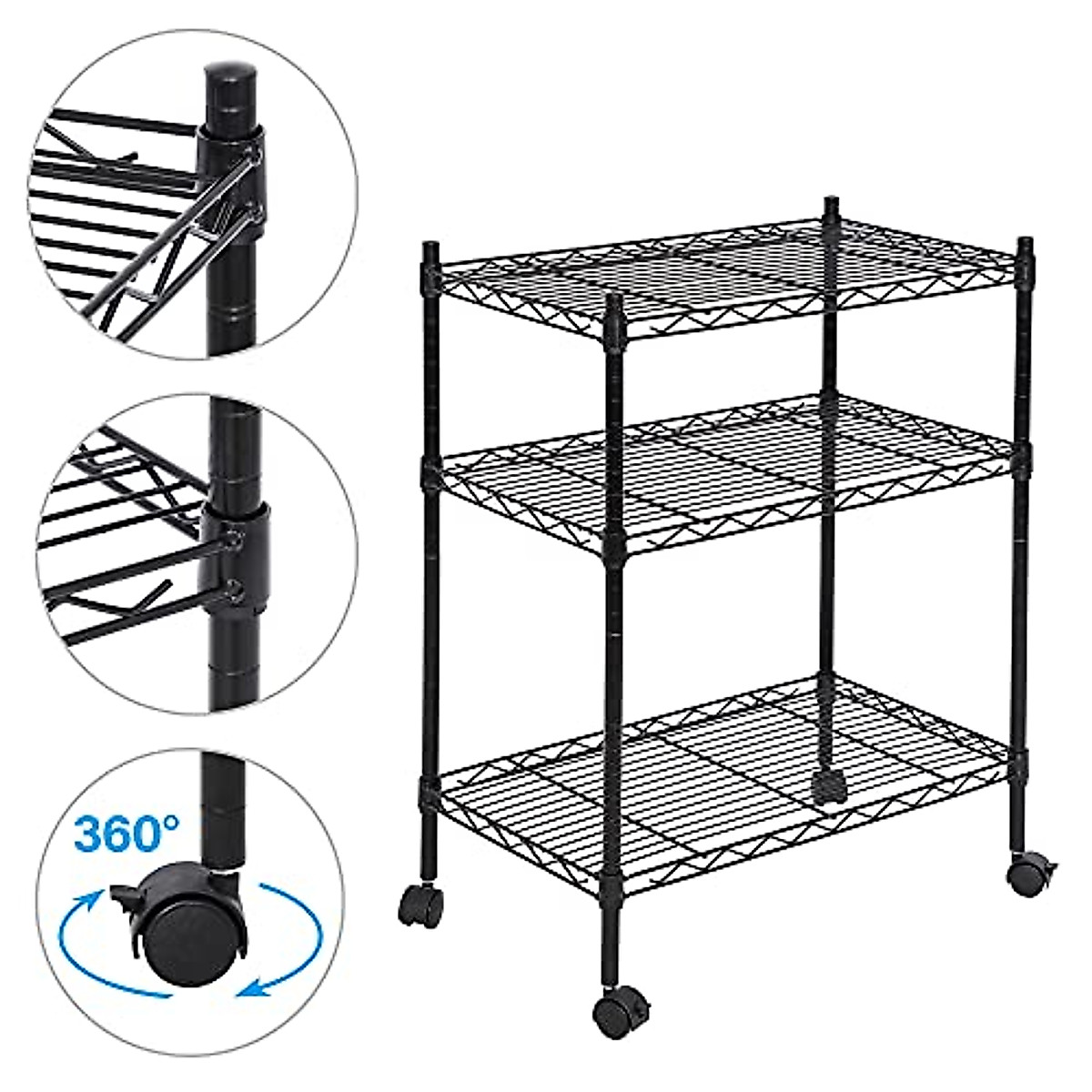 JungleA 3-Shelf Storage Shelving Unit with Universal Wheels,Heavy Duty Adjustable Metal Organizer Wire Rack for Home Kitchen Garage Office, 24 L x 13.9 W x 31.2H Inches