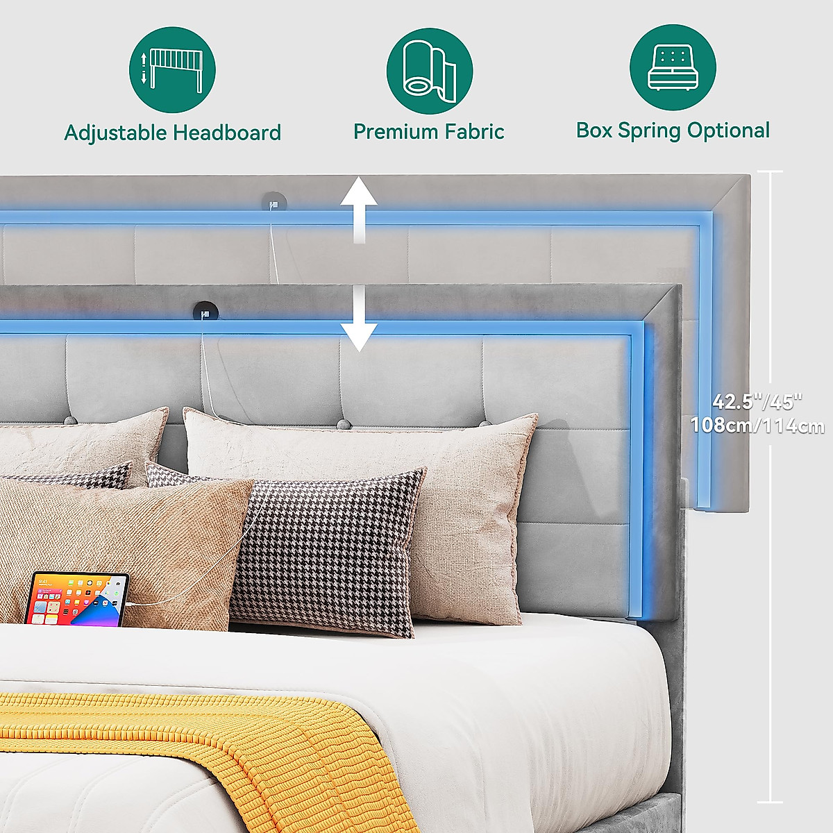 YITAHOME Queen Size LED Bed Frame, Storage Bed Frame with 4 Drawers & USB Ports, Upholstered Platform Bed with Velvet Headboard, Footboard and Built-in LED lights, No Box Spring Needed, Gray