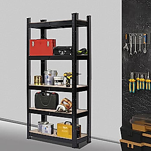 Pinikuyiro 5-Tier Utility Shelves, Metal Storage Shelves Garage Shelving Unit Adjustable Garage Storage Shelves Storage Racks Heavy Duty Shed Shelving- Black