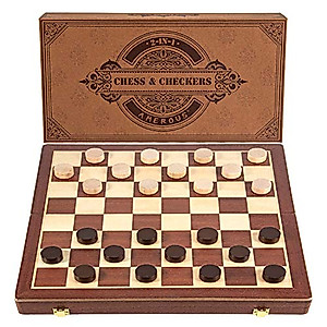AMEROUS 15 Inches Magnetic Wooden Chess & Checkers Set (2 in 1) - Folding Board -Gift Box Packed -24 Cherkers Pieces -2 Extra Queens - Chessmen Storage Slots, Beginner Chess Set for Kids and Adults