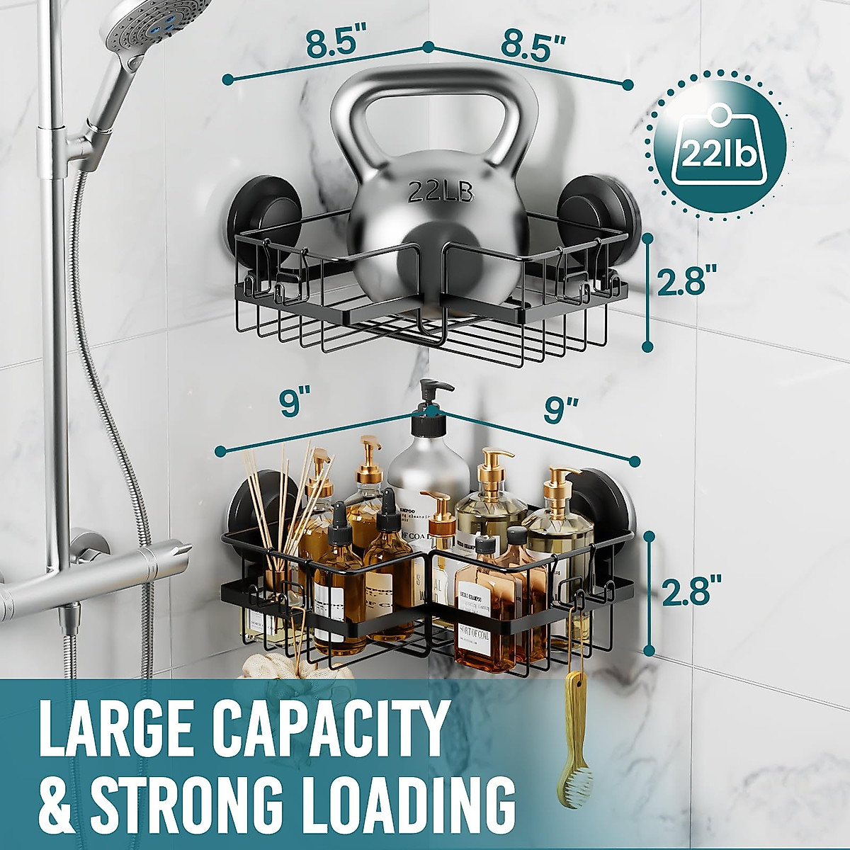 TAILI Suction Shower Caddy 2 Pack with Hooks, Drill-Free Rotating Stainless Steel Shower Shelf Basket, Removable Heavy Duty Shower Rack Organizer for Bathroom, Black