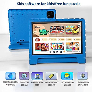 JREN Kids Tablet, 10" Tablet pc,IPS HD Display 1280 X 800,1080p, Ram 4GB and 64GB Storage, Bluetooth, Wi-Fi,Kidoz Pre-Installed, Dual Cameras,Color Blue