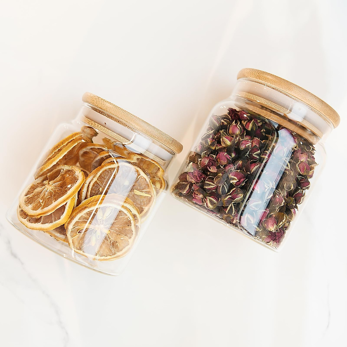 Custde 17.6 fl oz Glass Storage Containers with Lids, Candy Jar with Lid, Glass Food Storage Containers for Kitchen Counter, Pantry, Decorative Jar for Coffee, Sugar,Tea, Cute Jar (Bamboo 17.6 FL OZ)