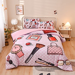 Aimuan Fashion Girl Comforter Sets Cosmetic Perfume Bag Lipstick Diva Pink Quilt Set Nail Polish Pattern Decorative Quilted 3 Pcs Makeup Bedding Set with 2 Pillowcases (Pink, Twin)