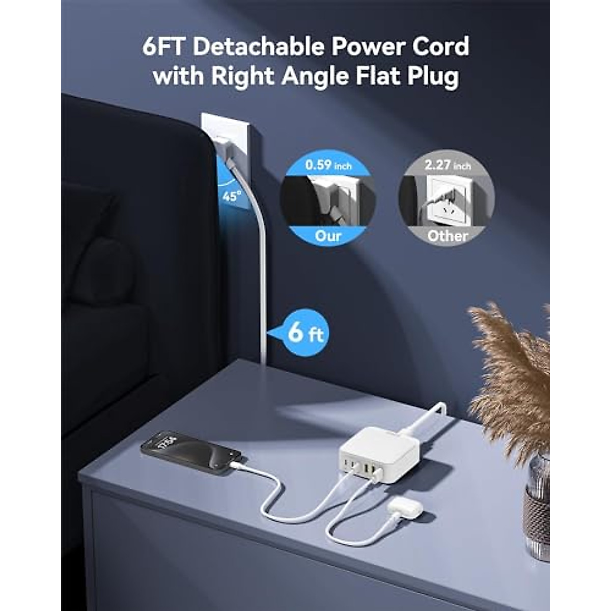 USB C Charger Block, 6 Ports Fast Wall Charger, 130W GaN III Charging Station with PD 45W, Dual PD 20W, 3 USB-A, 3 USB-C, QC, PPS, 6ft Cord, Compatible with iPhone, Galaxy, Pixel, MacBook air White