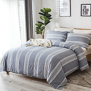 David's Home 100% Washed Cotton Duvet Cover Set King Size, Chambray Stripe Duvet Cover with Pillow Shams, 3pcs Ultra Soft and Breathable Bedding, 104x 90 Inches, Blue Beige
