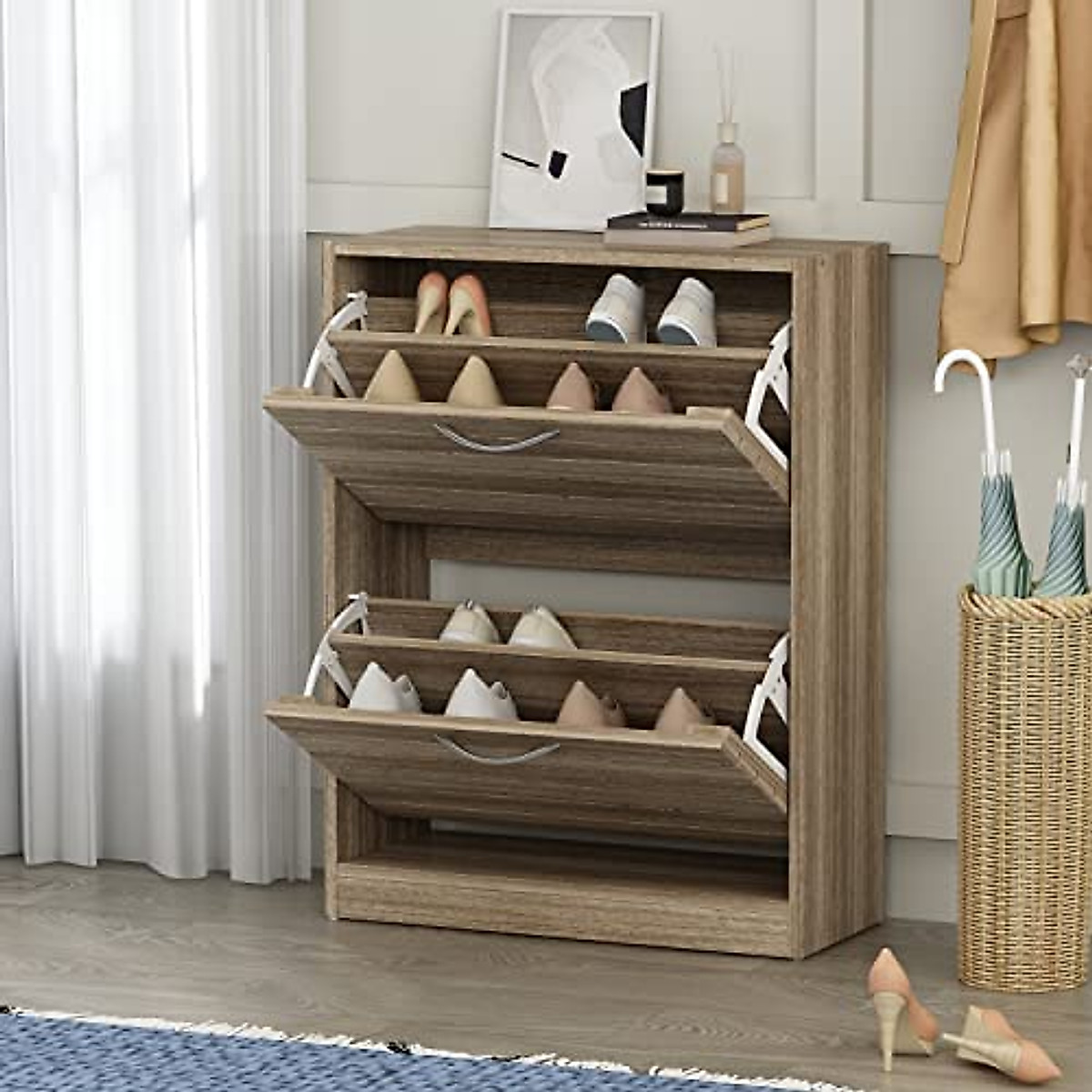 Homsee Modern Shoe Storage Cabinet with 2 Flip Drawers & Louver Doors, Wood 2-Tier Shoe Rack Storage Organizer for Entryway, Hallway & Bedroom, Brown (22.4”L x 9.4”W x 29.5”H)