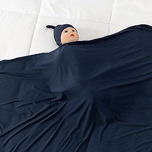 Bayceen Large Jersey Knitted Swaddle Blanket for Baby, Soft Stretchy Receiving Blanket for Newborns with Hat, Large 47 x 47 inches (Navy)