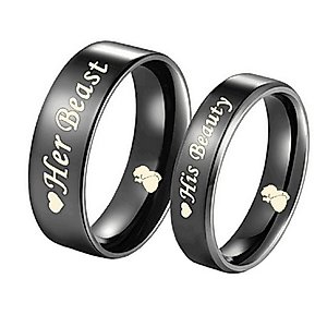 His Beauty Love Heart Women's Black Stainless Steel Engagement Wedding Bands Promise Ring Anniversary (Her Size 5)