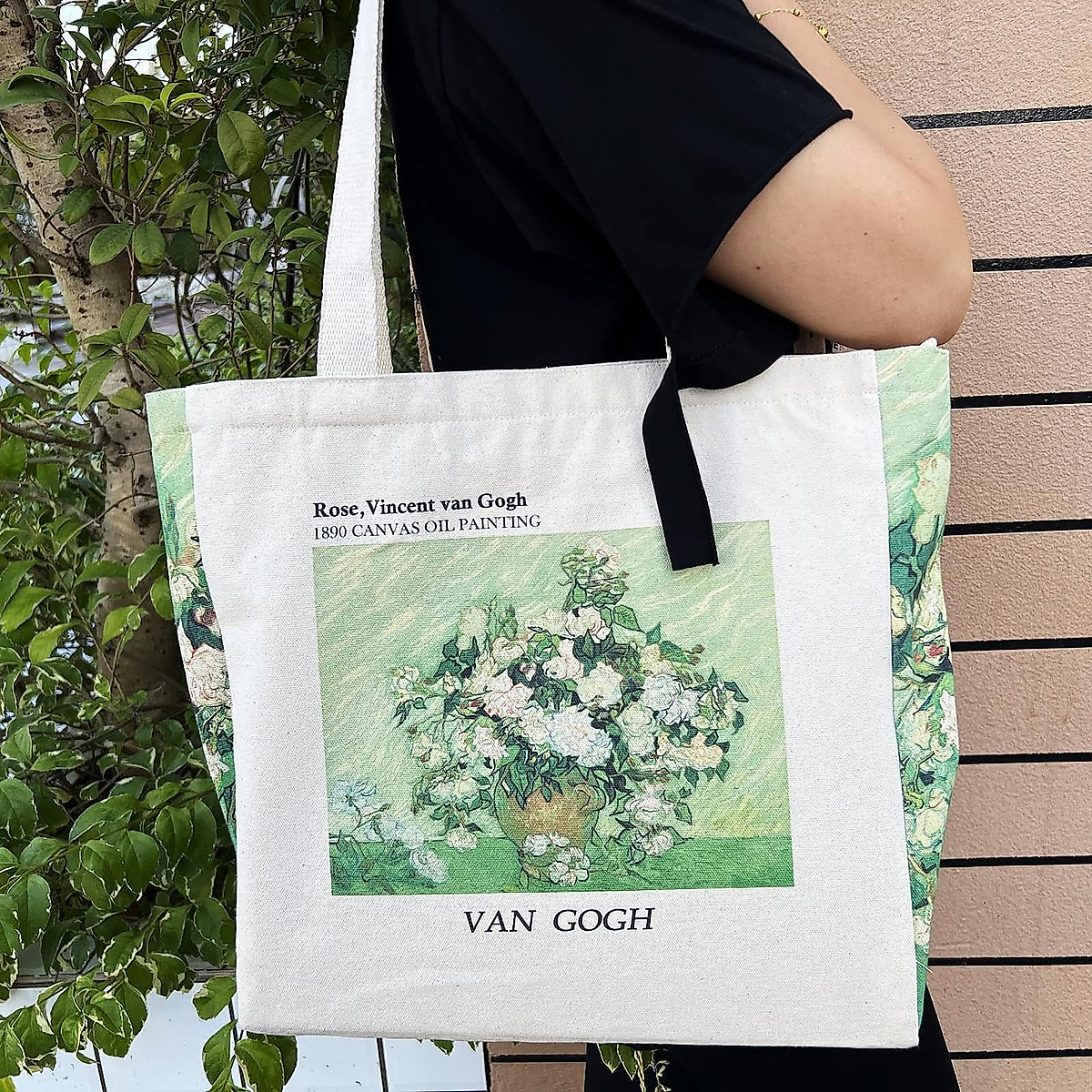 BROADREAM CanvasAesthetic - Zippered Tote Bag with Interior Pocket by Shoulder for Women Shopping