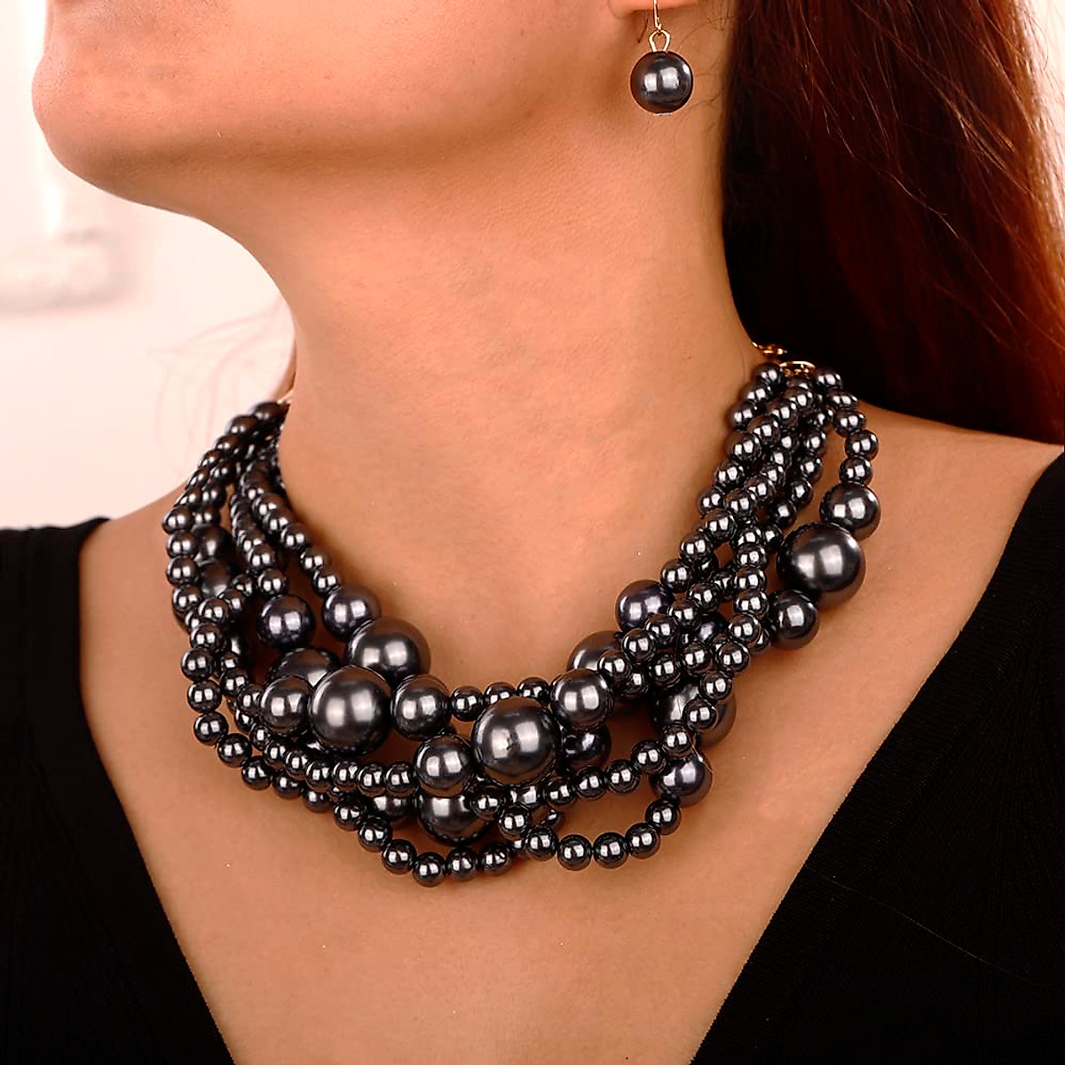 Wiwpar 2PCS Large Chunky Statement Black Faux Pearl Bib Choker Necklace and Earring Set for Party Wedding Halloween Ladies (black)