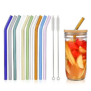 RENYIH 10 Pcs Reusable Bent Glass Drinking Straws,9''x10 mm Colorful Glass Straws for Beverages, Shakes, Milk Tea, Juices,Set of 10 Bent with 2 Cleaning Brushes -Shatter Resistant