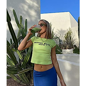 Meladyan Women Cute Letter Print Short Sleeve Crop Tee Shirt Top Crewneck Slim Fit T-Shrits 90s Egirls Streetwear Green