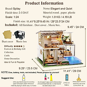 Spilay Dollhouse Miniature with Furniture,DIY Wooden Crafts Doll House Mini Handmade Kit,1:24 Scale Creative Room Idea Gift for Adult Friend Lover (Elegant and Quiet with dust Cover Music Box)