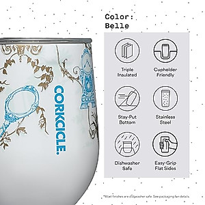 Corkcicle Disney Princess Belle Stemless Wine Glass Tumbler, Triple Insulated Stainless Steel Construction, Sliding Shatter-Proof Travel Lid, Keeps Beverages Chilled for 9 Hours, 12 oz