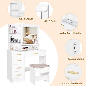 ANWBROAD Makeup Vanity Desk with Mirror and Lights Power Outlet 35.5" Vanity with Glass Top Dresser 3 Lighting Modes Brightness Adjustable White Vanity Desk with Drawers Shelves Bedroom Stool UBDT64W