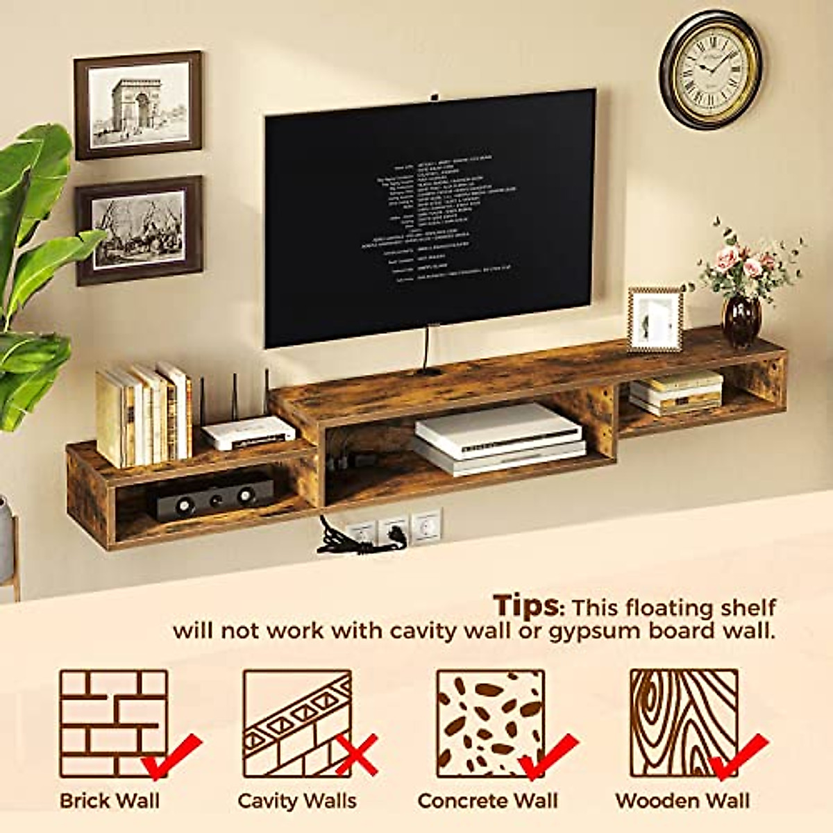 Rolanstar TV Stand with Power Outlet, 59" Floating TV Stand, Wall Mounted Media Console for 43/50 / 55/60 inches TV, Entertainment Storage Shelf for Living Room, Rustic Brown