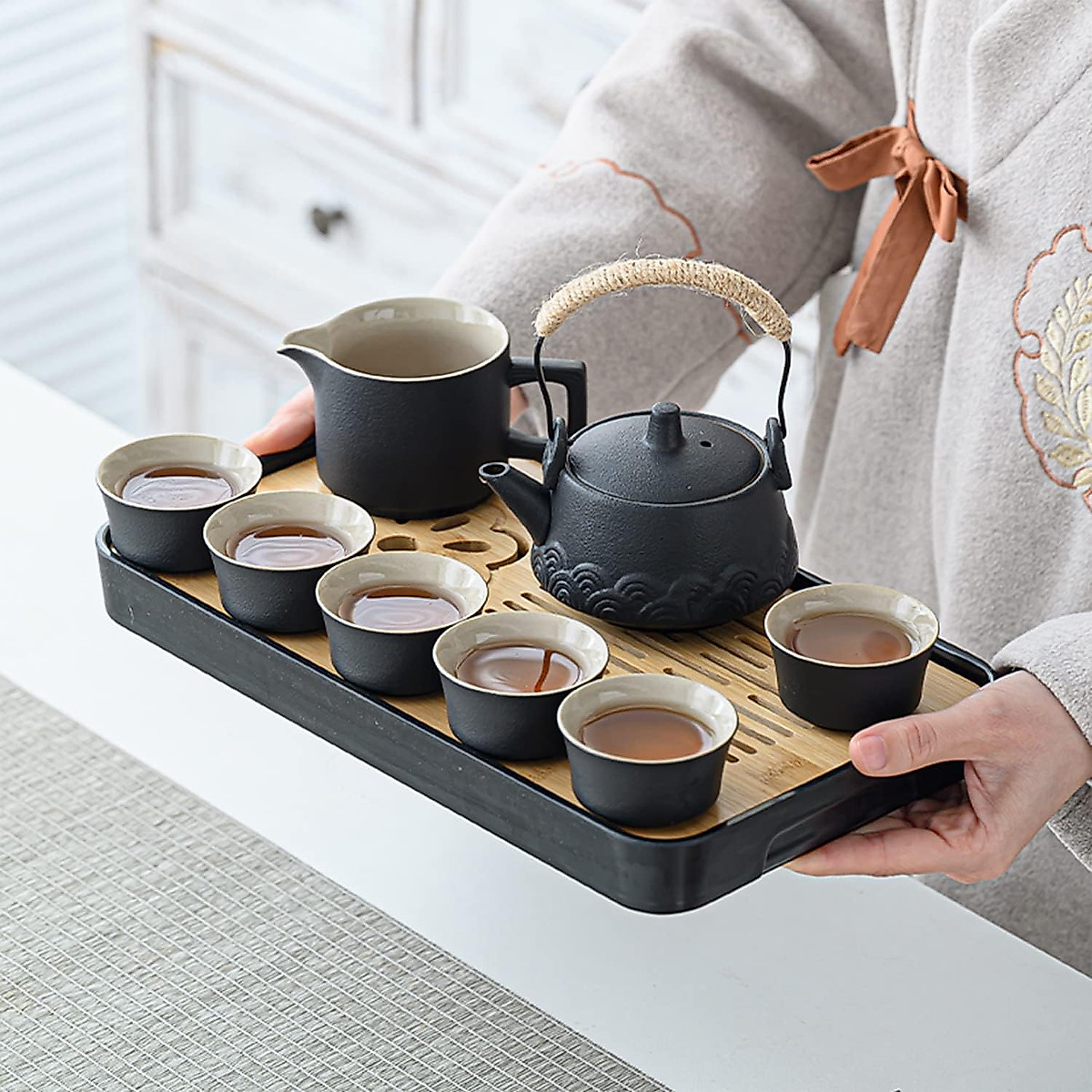 ICHAG Asian tea set |Kungfu tea sets |Ceramic Portable tea set |tea sets for adult |13-piece withgrey leather case |Tea set gift for Home, Outdoor, Business (Ceramic-Black teaset)