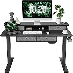 FEZIBO Sturdy Height Adjustable Electric Standing Desk with Drawers, 48 x 24 Inch Stand Up Table with Large Storage Shelf, Sit Stand Desk, Black Top