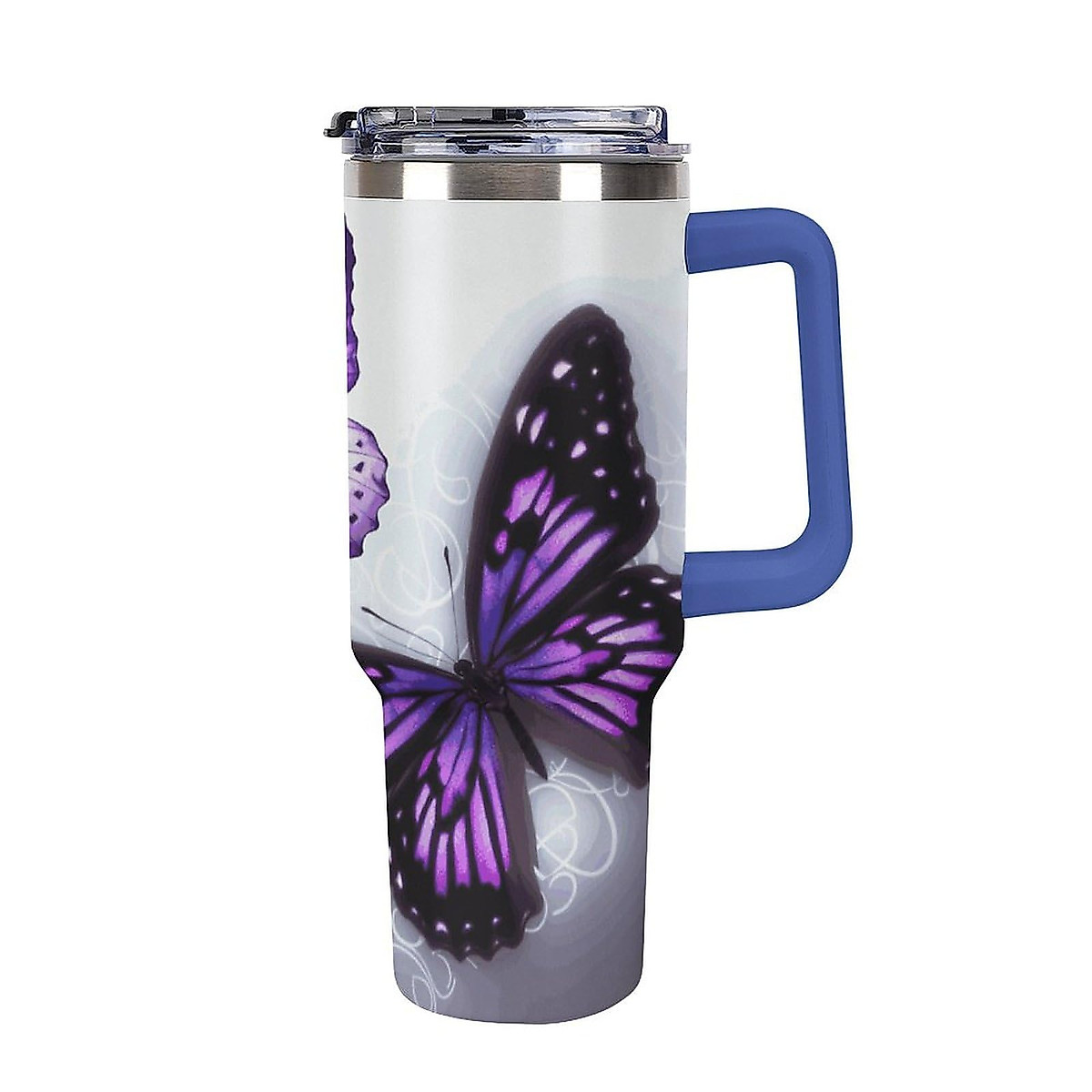 40 Oz Vacuum Tumbler with Deep Blue Handle Leakproof Insulated Tumbler White Purple Butterflies Stainless Steel Travel Mug with Lid And Straw Coffee Cup Cute Water Bottles Cup Holder Friendly