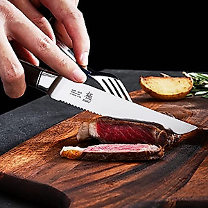 KYOKU 5 Inch Steak Knife Set of 4 - Daimyo Series Japanese 440C Stainless Steel Serrated Steak Knives - Ergonomic Rosewood Handles Mosaic Pins - with Sheaths & Case