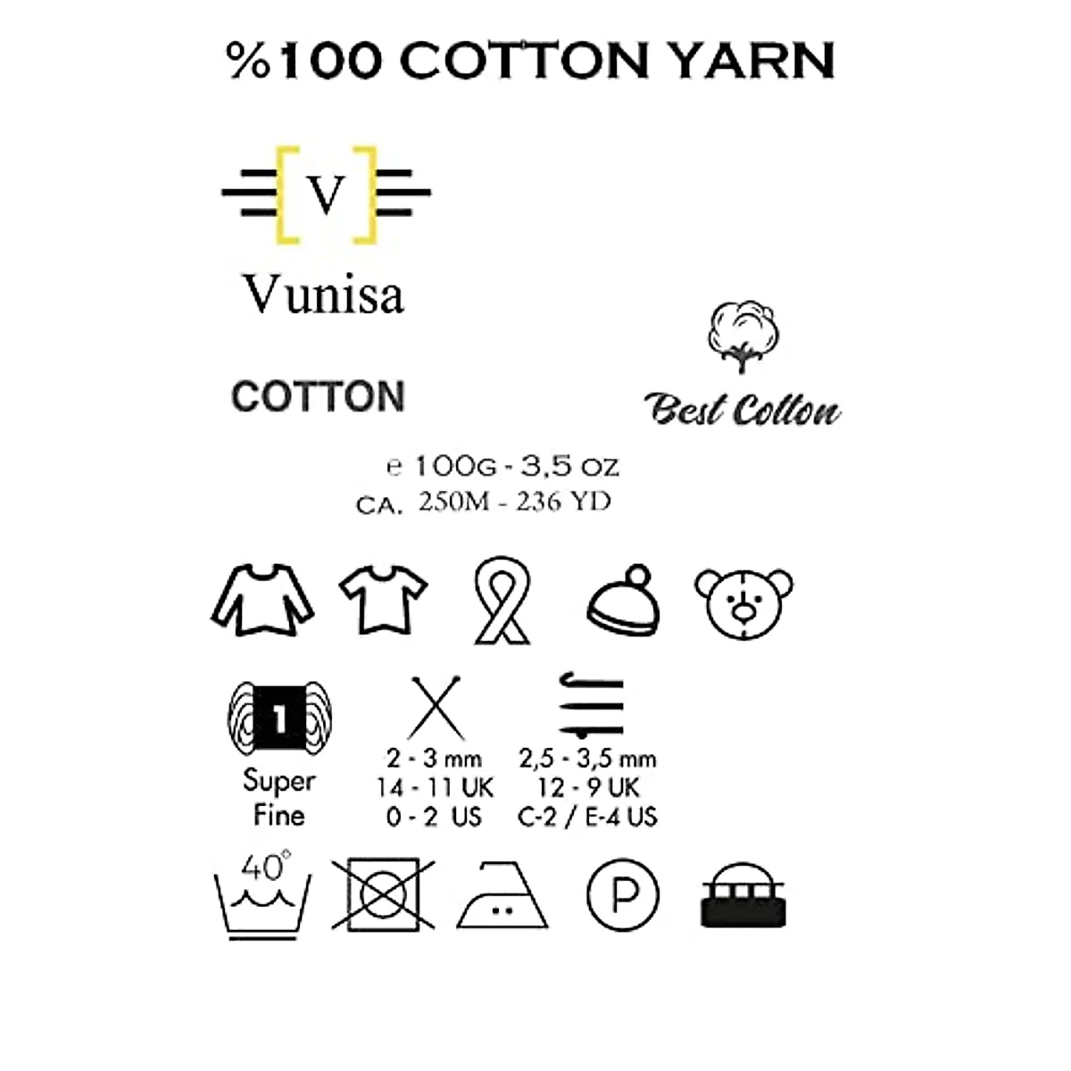 Vunisa Cotton Yarn, 100% Cotton Yarn for Crochet and Knitting Yarns , [1 Skeins] 3.5 oz (100g) / 136 Yards (250m)(Sky Blue)