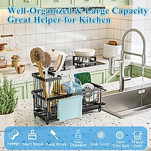Spoge Holder for Kitchen Sink - Sink Caddy with Long Brush Holder & Divider, SUS304 Stainless Steel Kitchen Sink Organizer, Dish Soap Dispenser Kitchen Organization and Storage Accessories